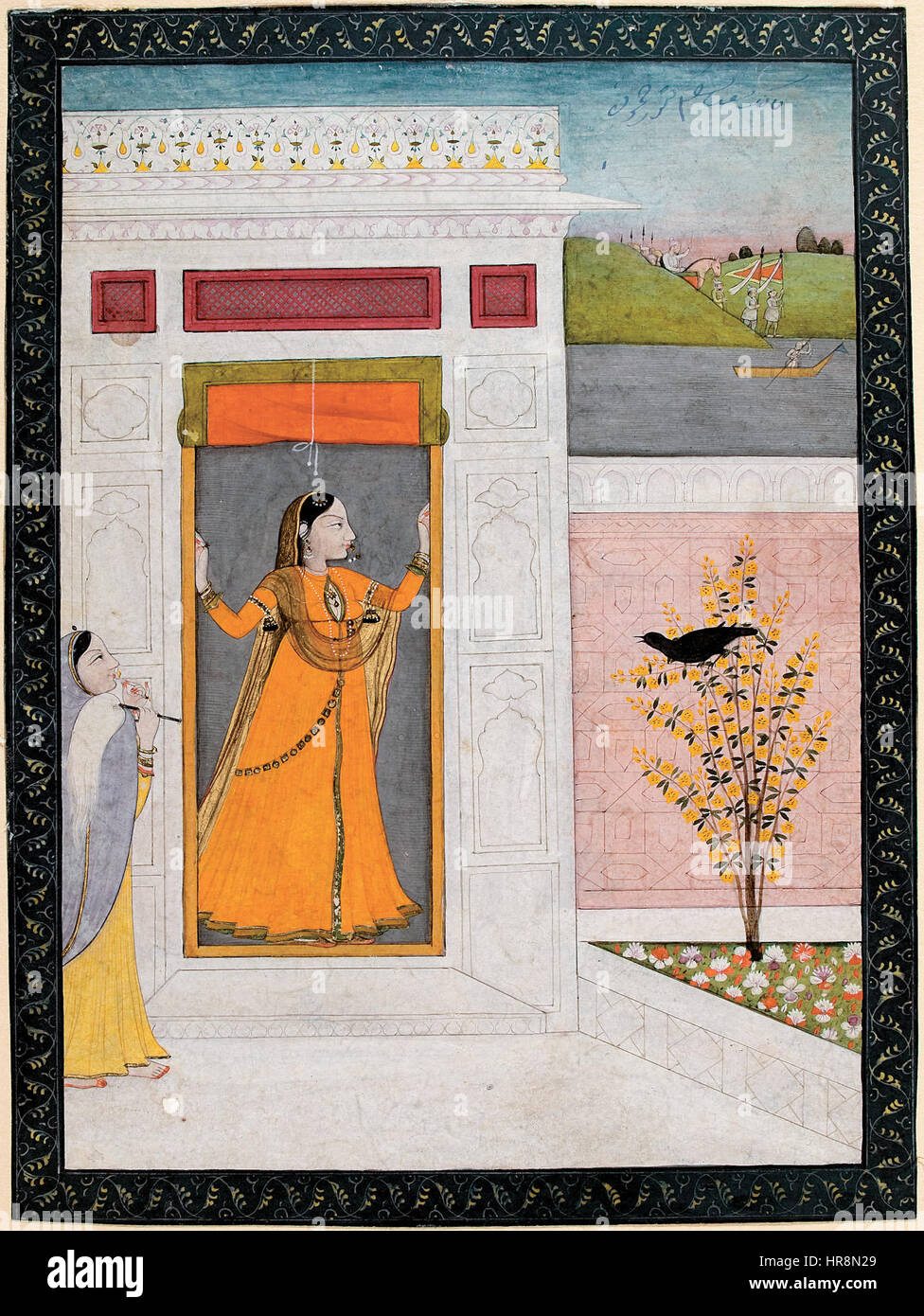Woman awaits the arrival of her love; a crow caws from a bush by the ...