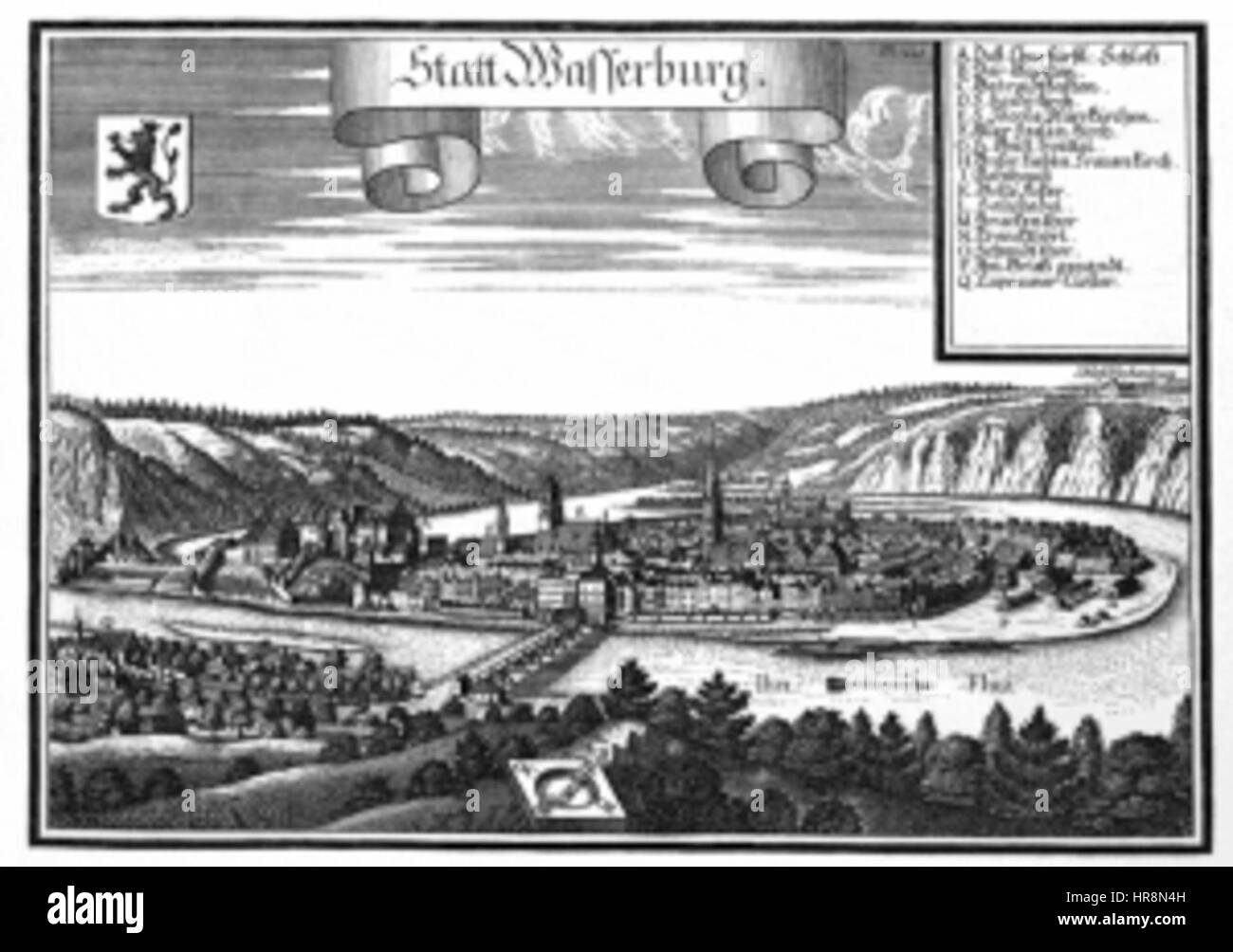 This engraving, 'Wening Wasserburg,' shows a detailed view of a water ...