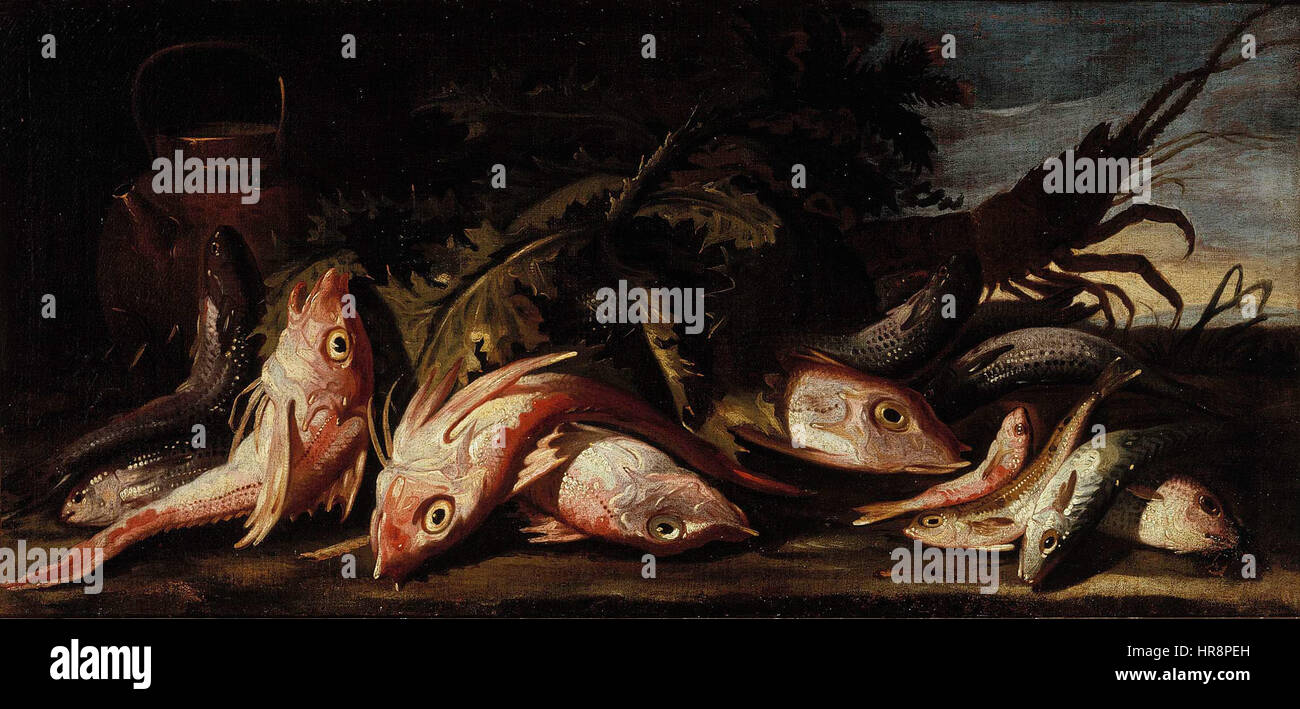 'Still Life with Fish' is a classical still life painting that ...