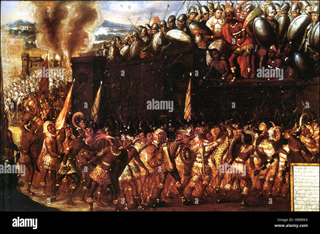 The death of Moctezuma at the hands of his own people Stock Photo - Alamy