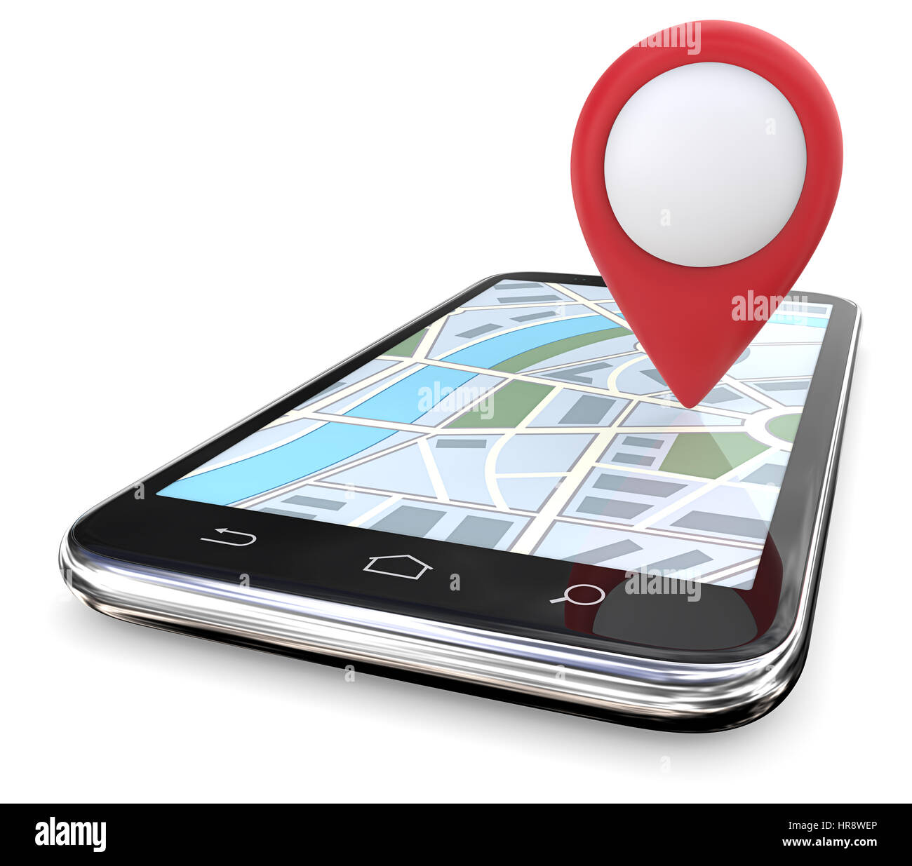 Smartphone with Large Red GPS pointer on Screen Map. Copy Space, 3D ...