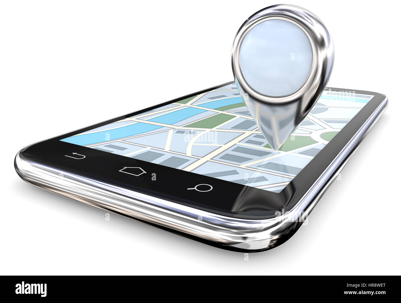 Smartphone with Abstract metal GPS pointer. Copy Space, 3D render Stock ...