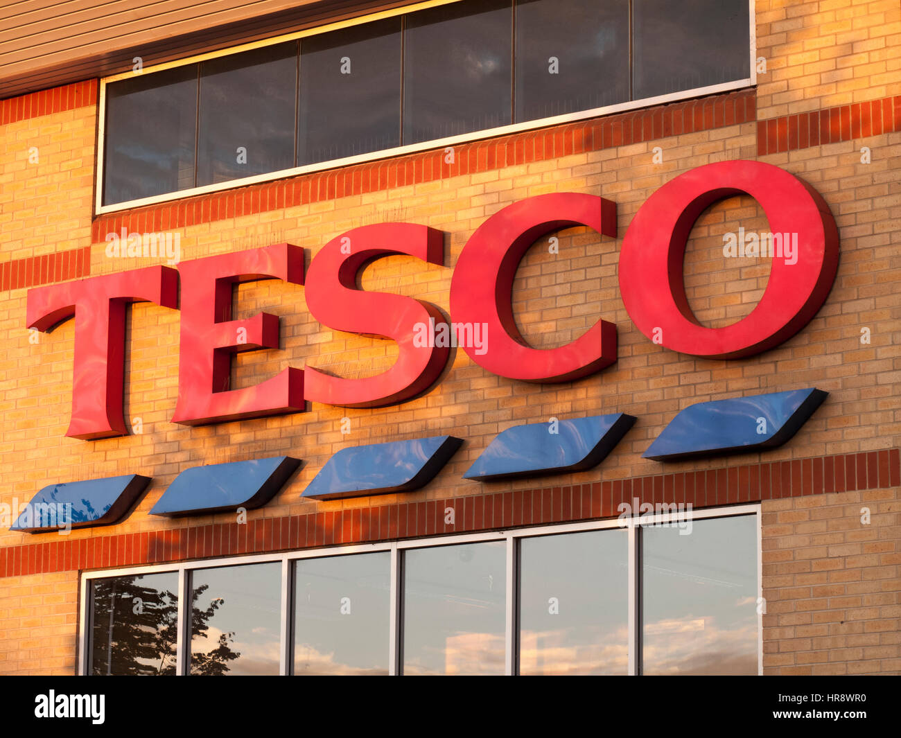 Tesco supermarket sign over main entrance to store, company founded by ...