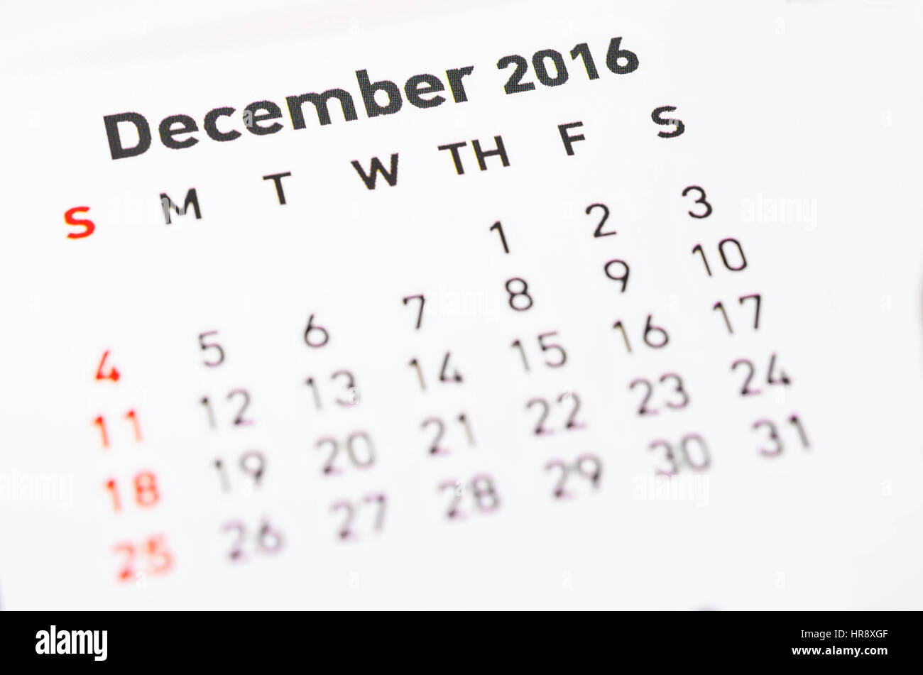 Calendar for December 2016 Stock Photo - Alamy