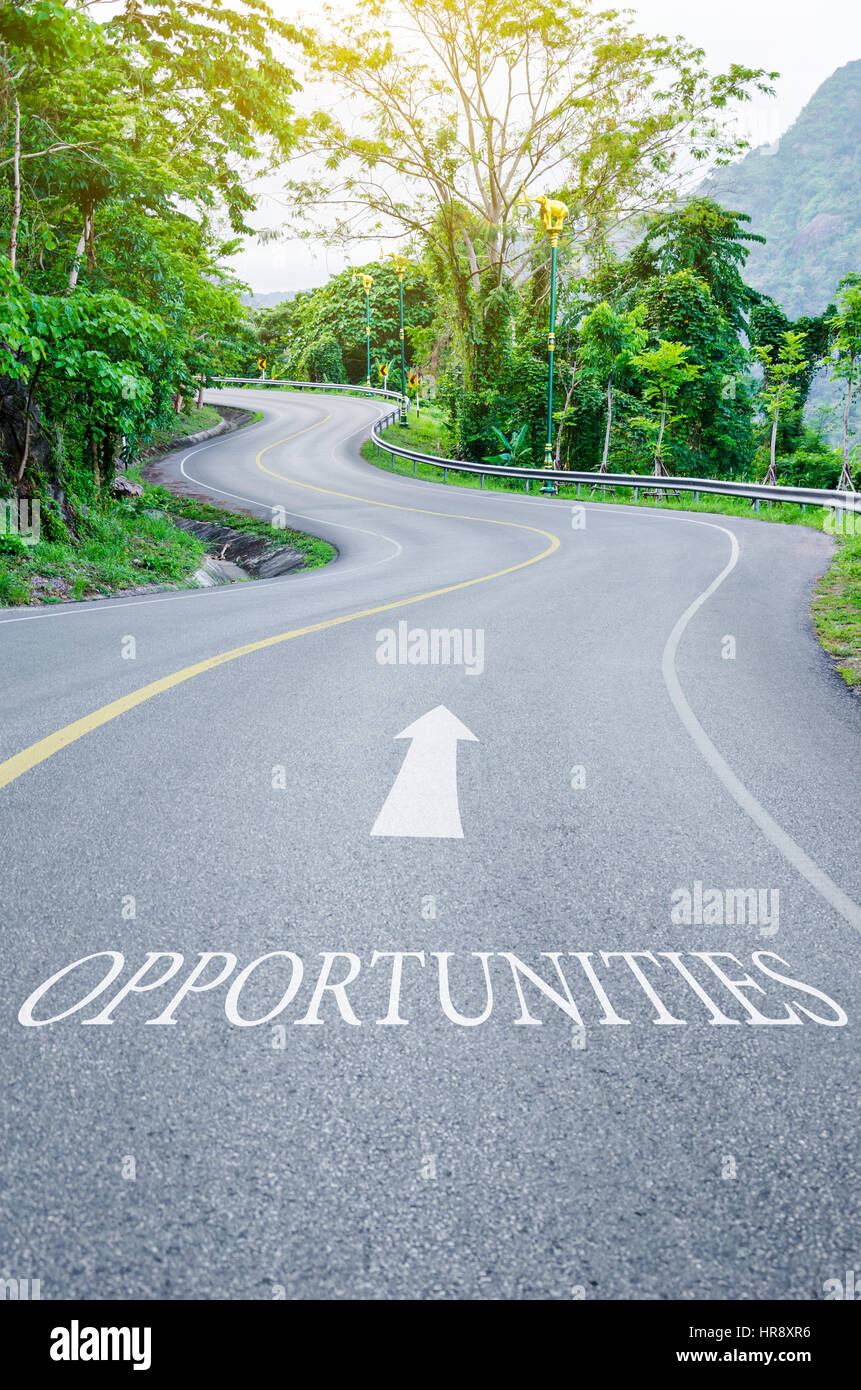 Opportunities written on S curve road in the green view Stock Photo - Alamy