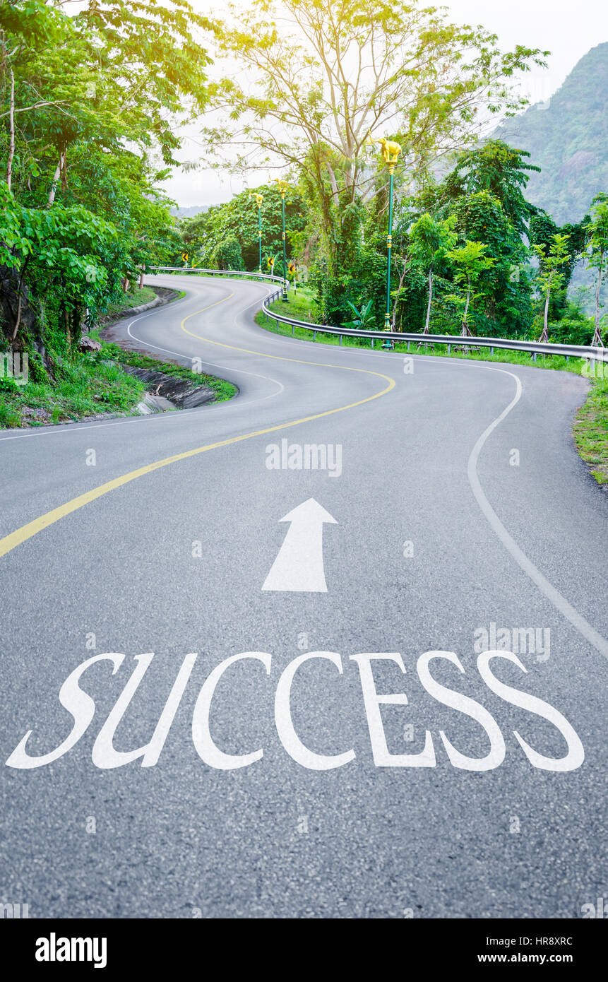 Road that says success in the asphalt on S curve road in the green view ...
