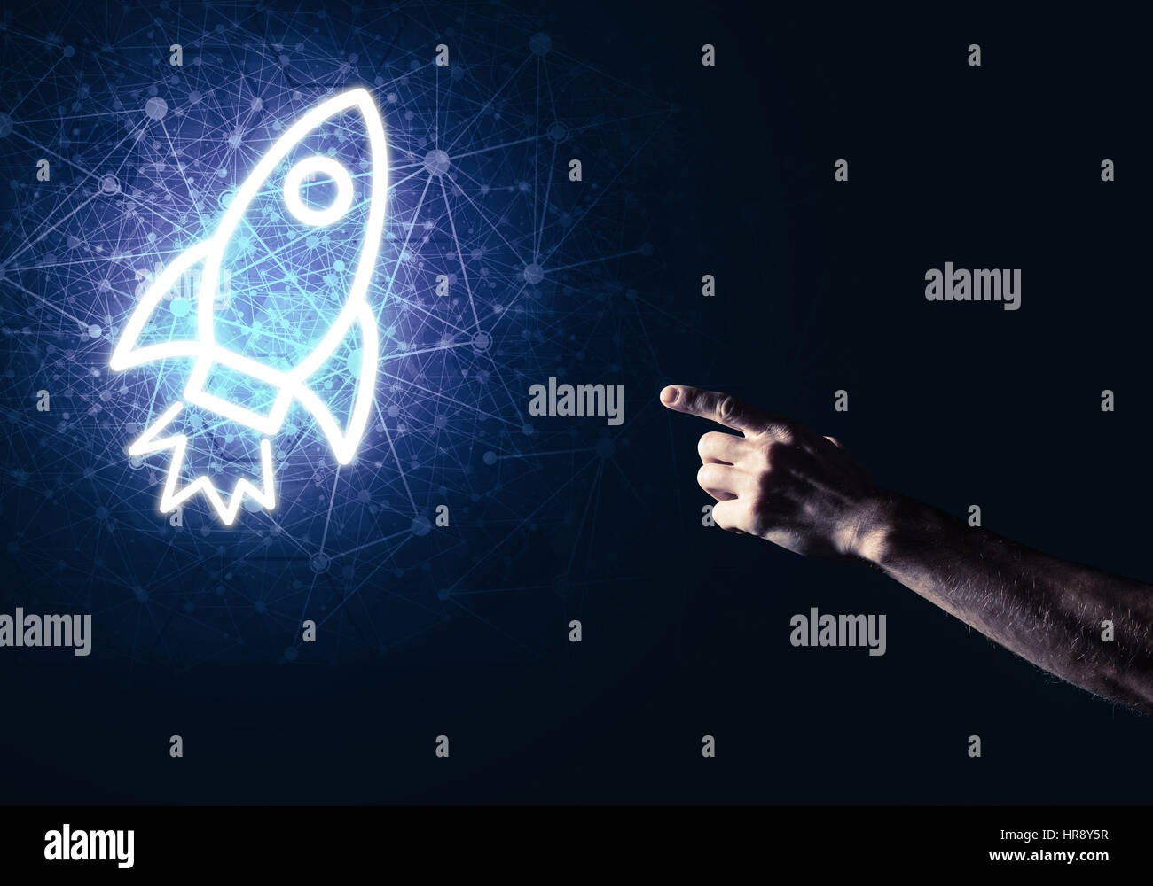 Man palm presenting Rocket web icon as technology concept Stock Photo ...