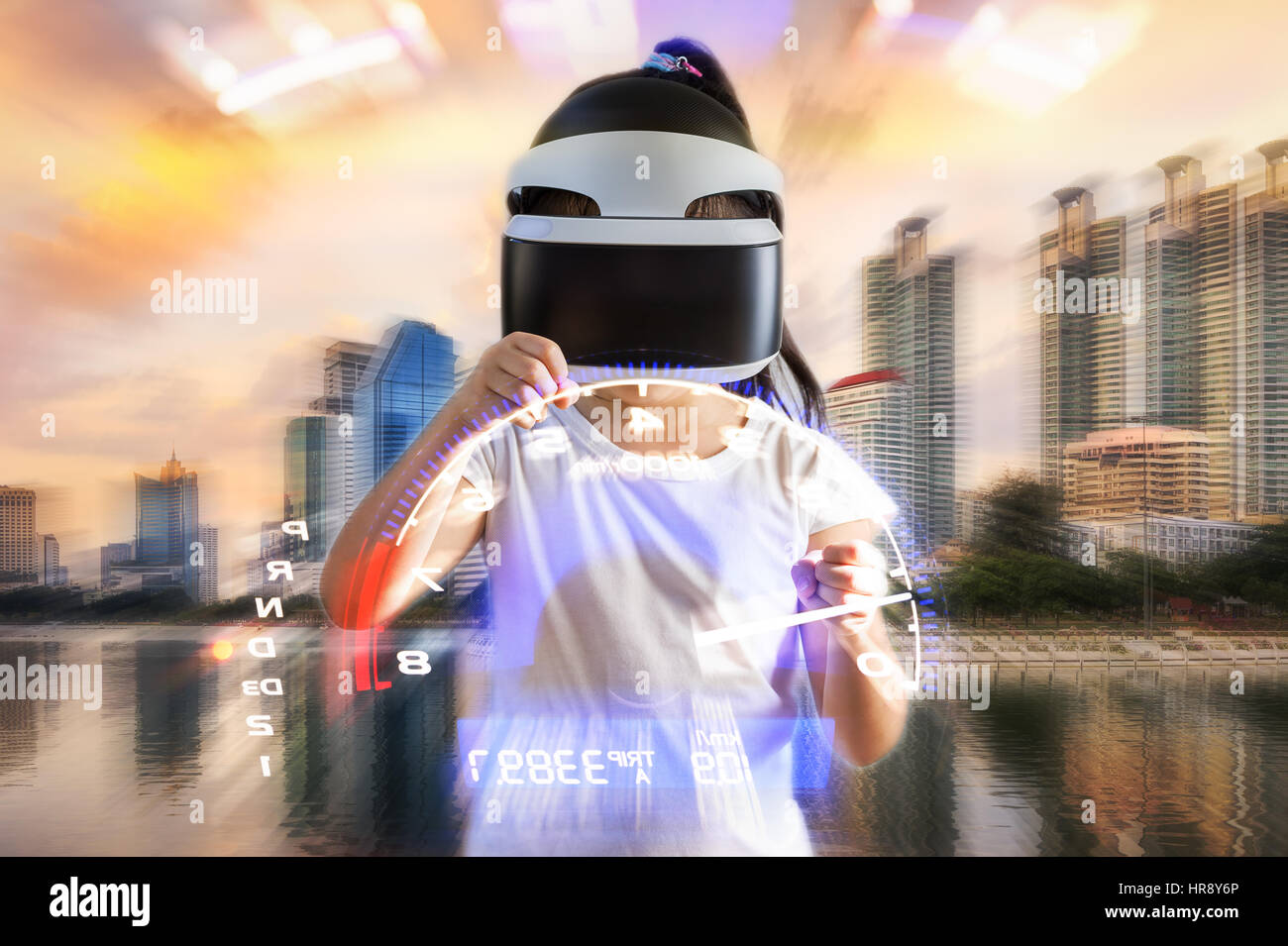 Concept of virtual reality, VR, device illustrated by kid wearing VR ...