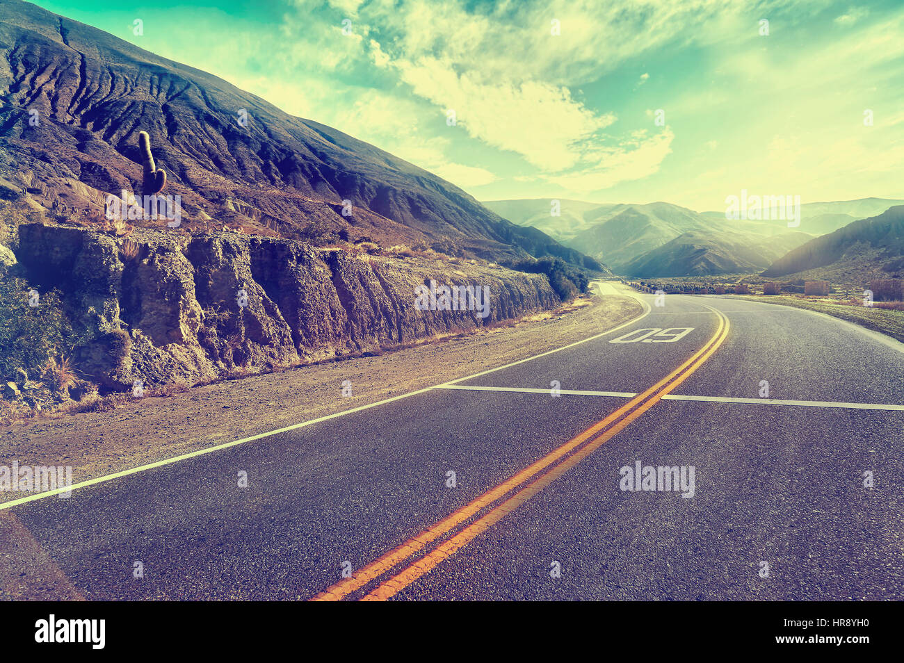 Cinematic road landscape. Humahuaca valley, Altiplano, Argentina. Misty ...