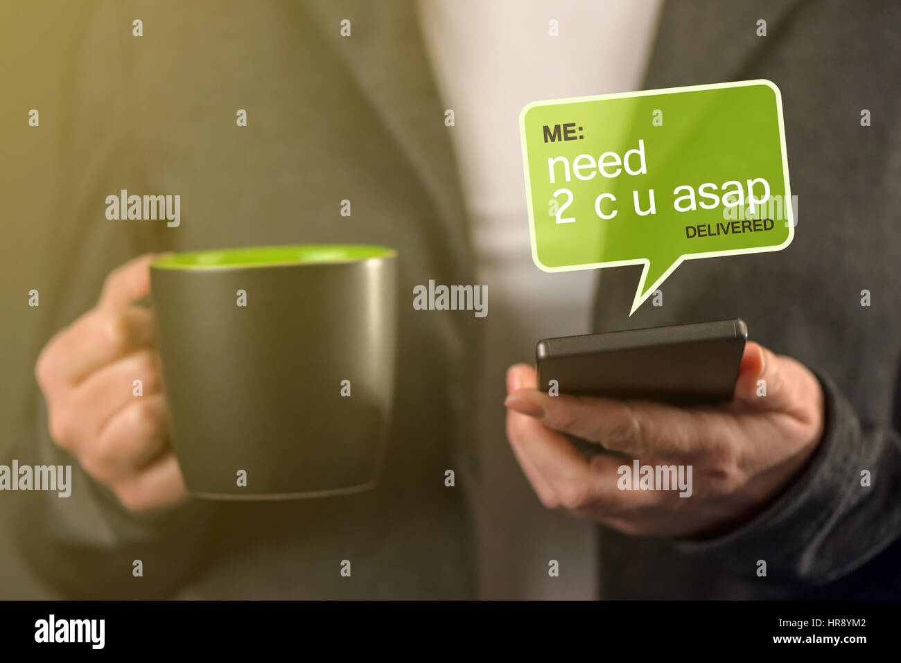 Acronyms abbreviation communication on mobile phone - business woman ...