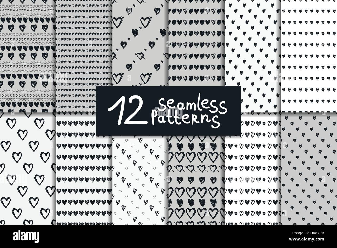 Doodle seamless pattern set with hearts. Twelve black and white vector ...