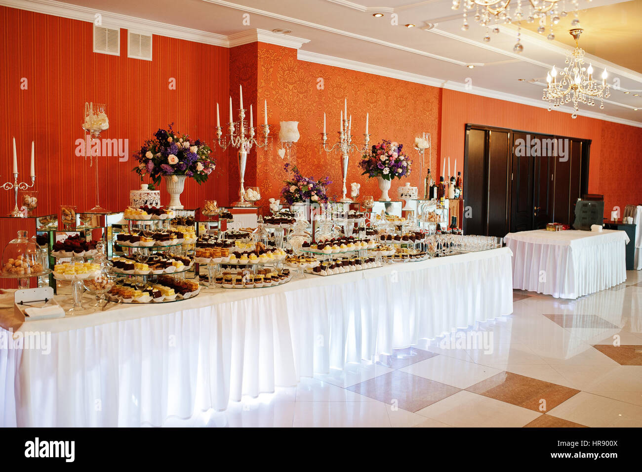 Luxury wedding reception tables with different foods and drinks Stock ...
