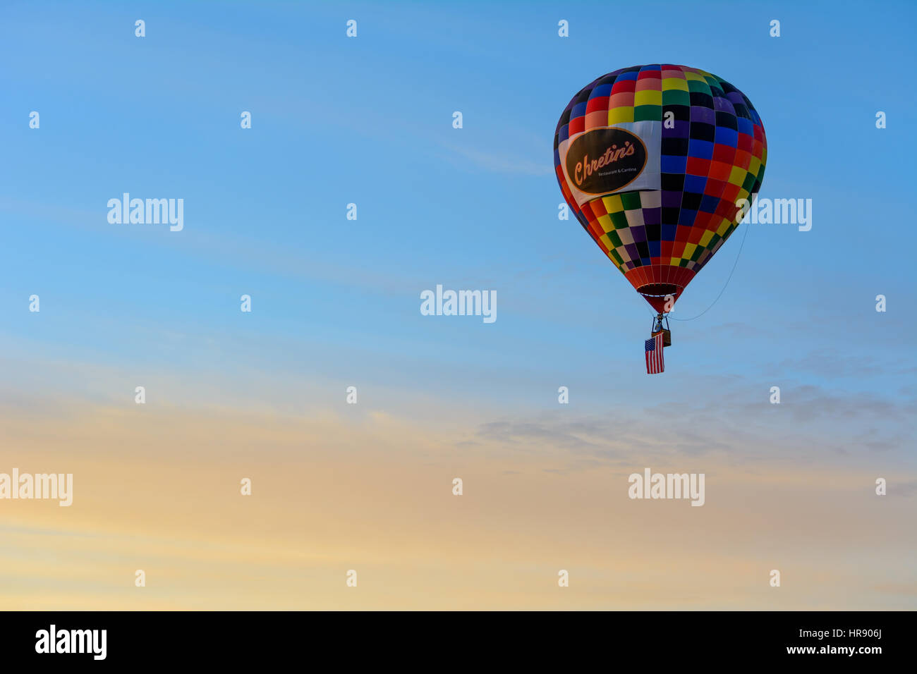 Hot air balloon taking off from the Yuma West Wetlands Park during the ...