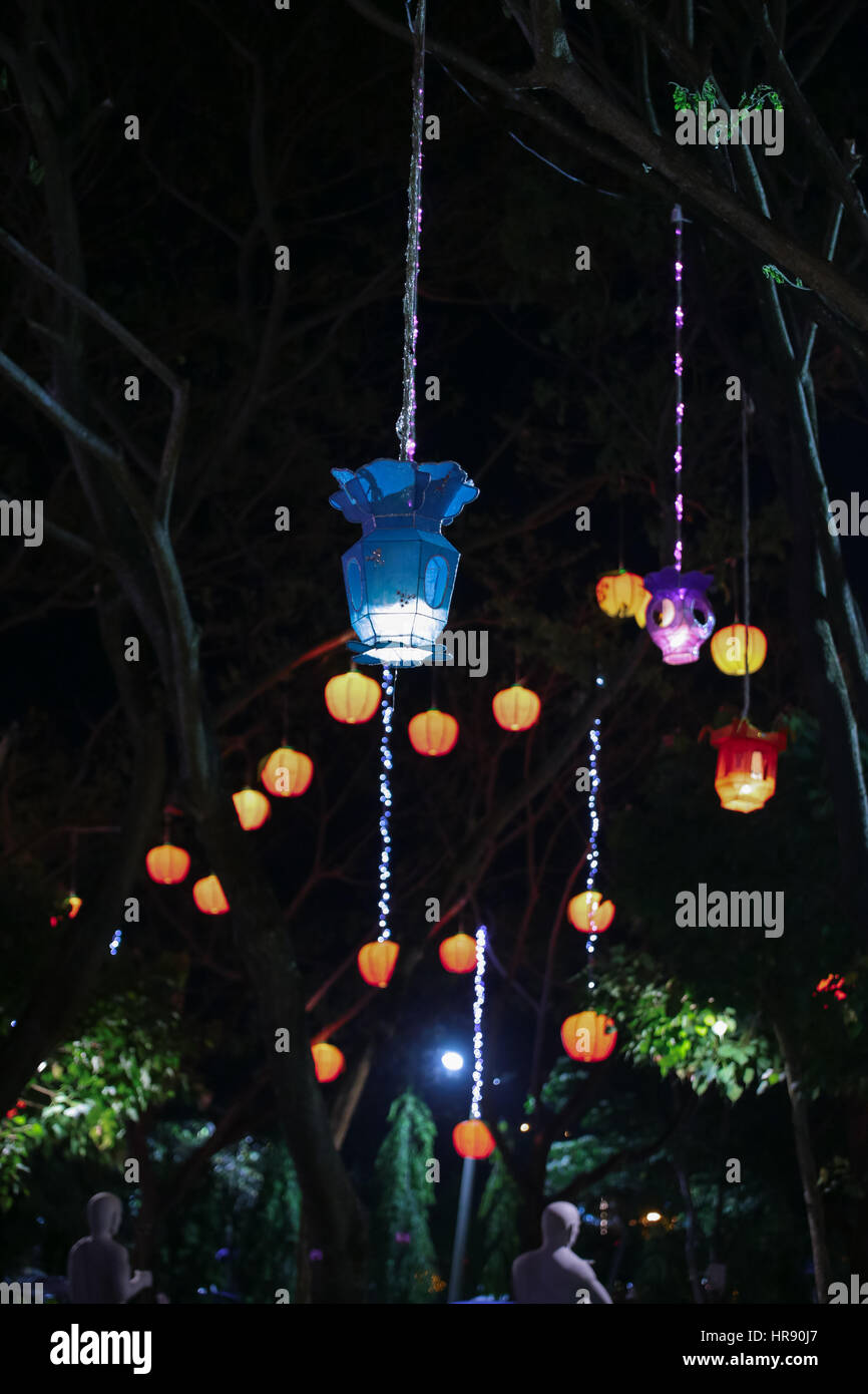 LED light chinese lantern decorated trees around Fo Guang Shan temple ...