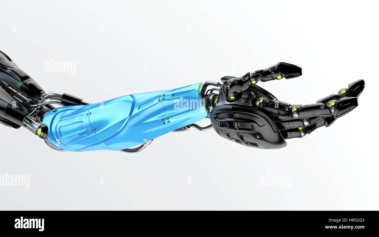 Black with blue part futuristic arm on light background, type of bionic ...