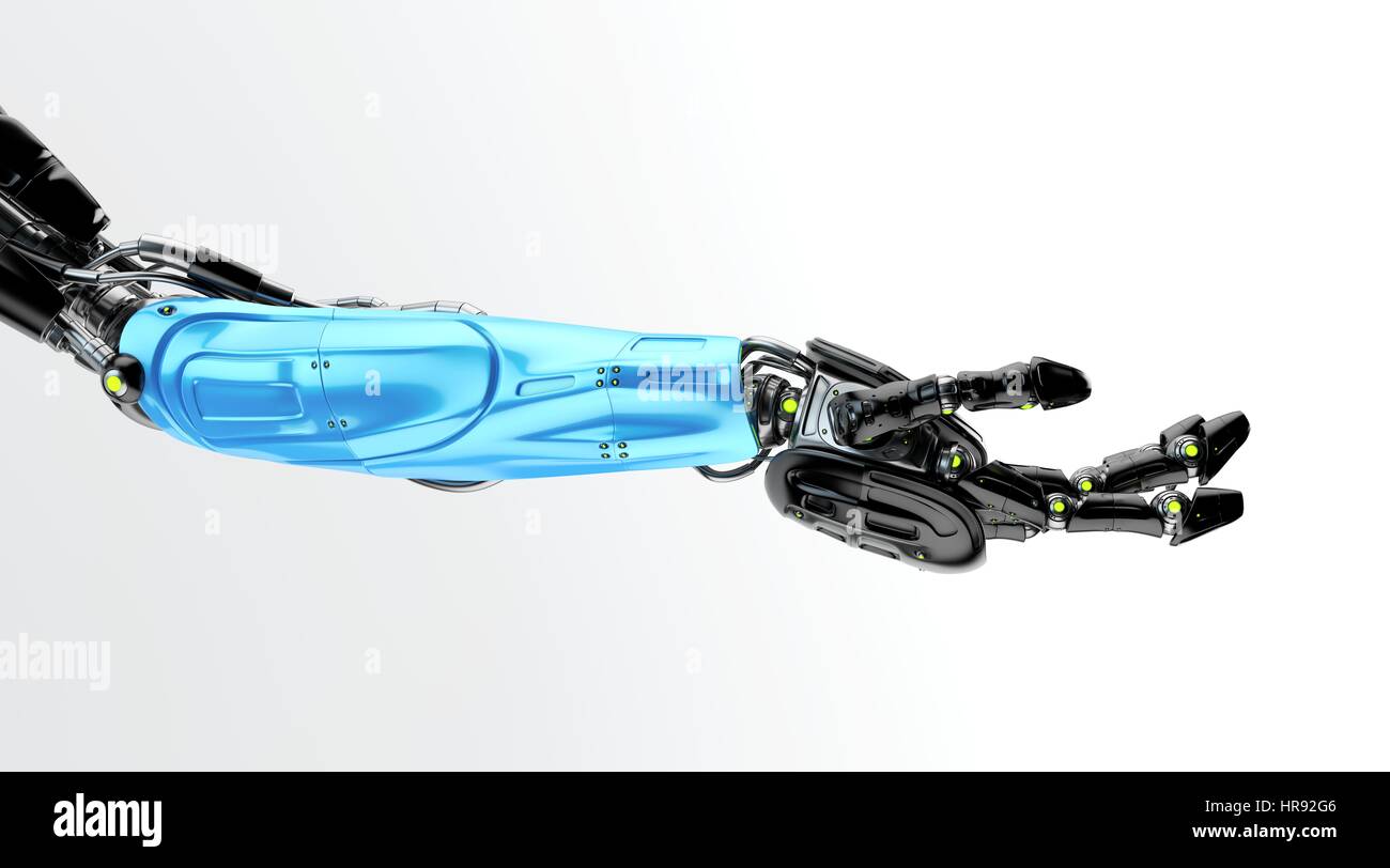 Black with blue part futuristic arm on light background, type of bionic ...