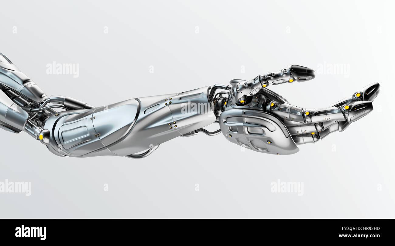 Artificial steel futuristic robotic arm with asking gesture Stock Photo ...