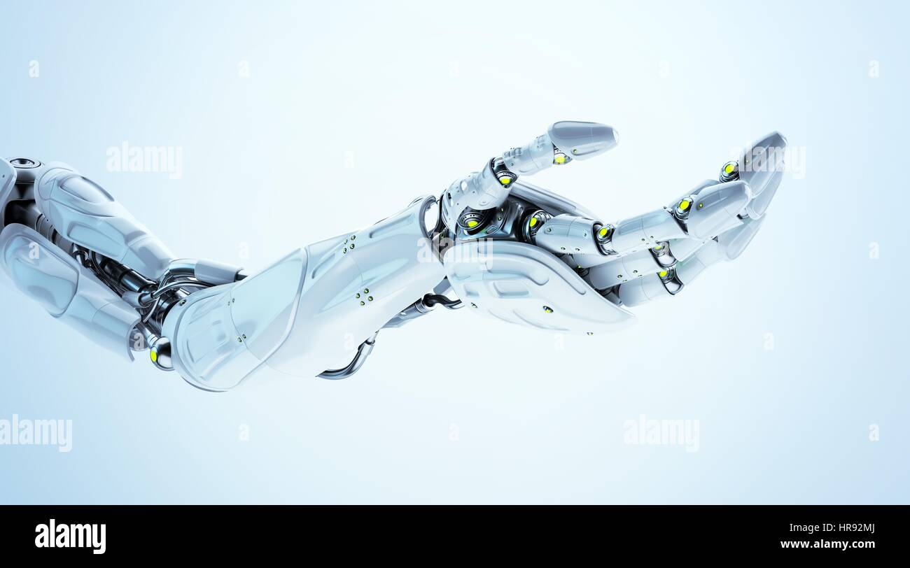Artificial futuristic robotic arm with asking gesture Stock Photo - Alamy