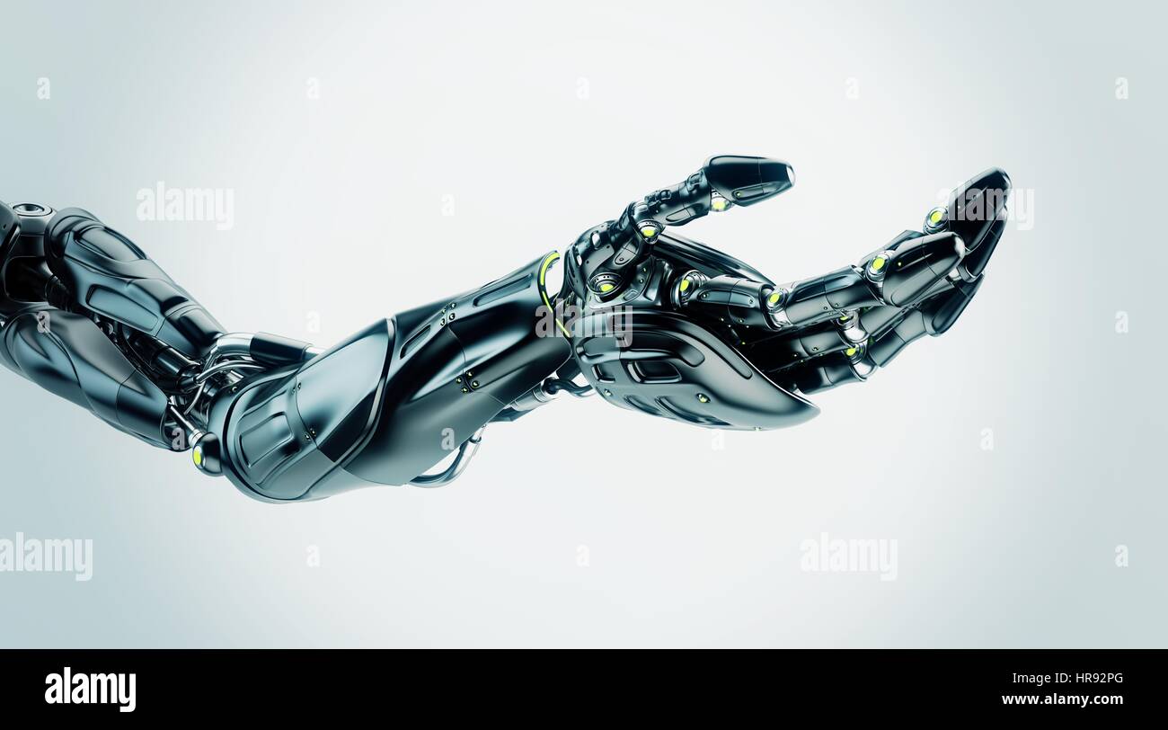 Black futuristic arm, type of bionic arm with similar functions to a ...