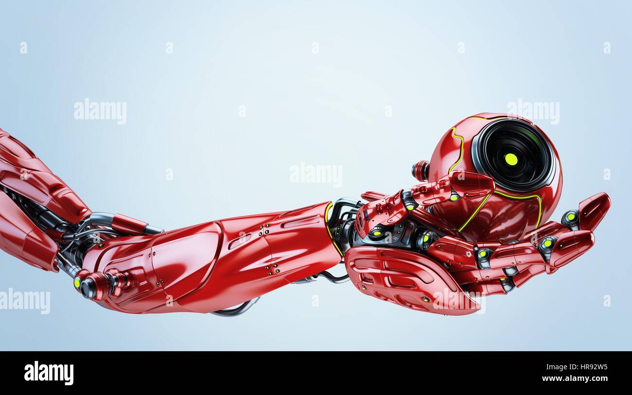 Red robotic arm holding remote camera drone Stock Photo - Alamy