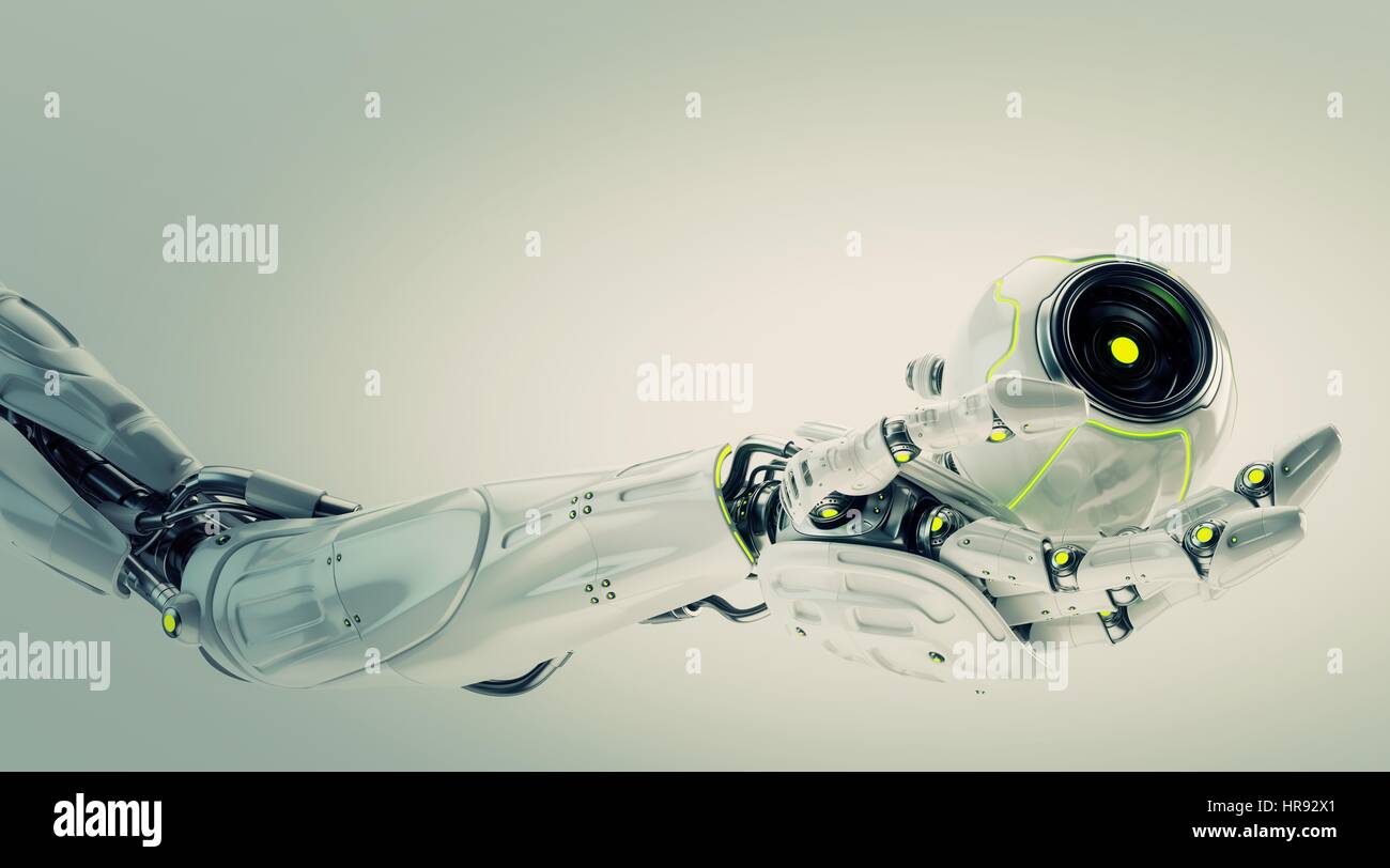 White robotic arm holding remote camera drone Stock Photo - Alamy