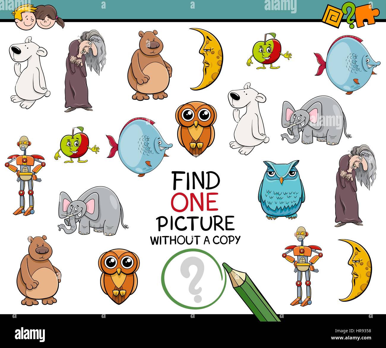 Cartoon Illustration of Educational Game of Finding Single Image for ...