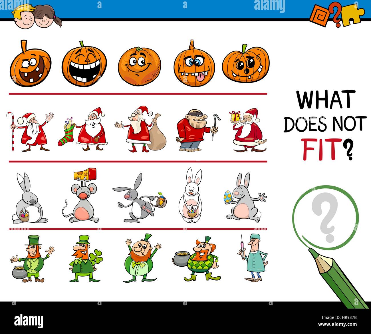 Cartoon Illustration of Finding Wrong Picture in the Row Educational ...