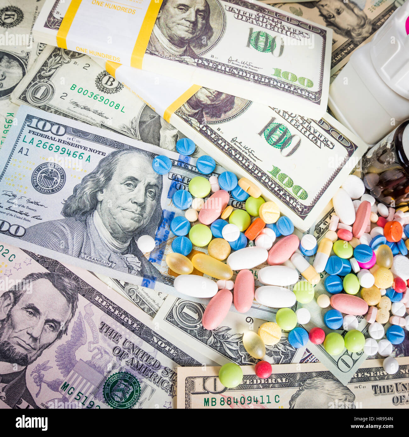medication concept. Medicine pills with money dollar. Cost of the ...