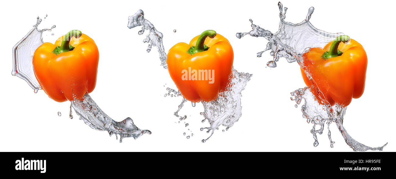 Water splash with bell pepper isolated Stock Photo - Alamy
