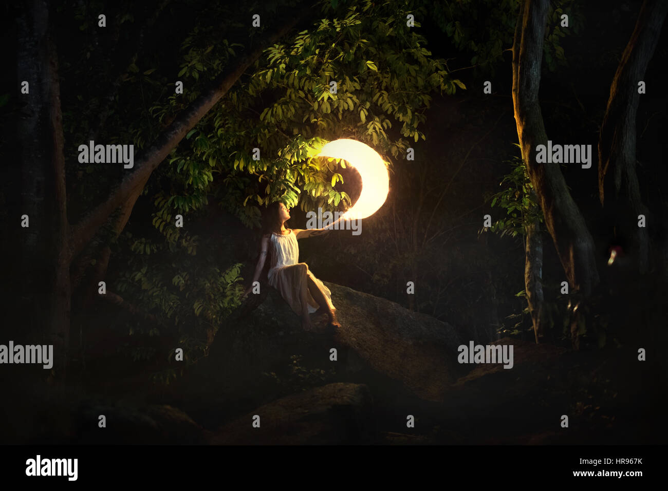 Fairy tale with woman and moon Stock Photo - Alamy