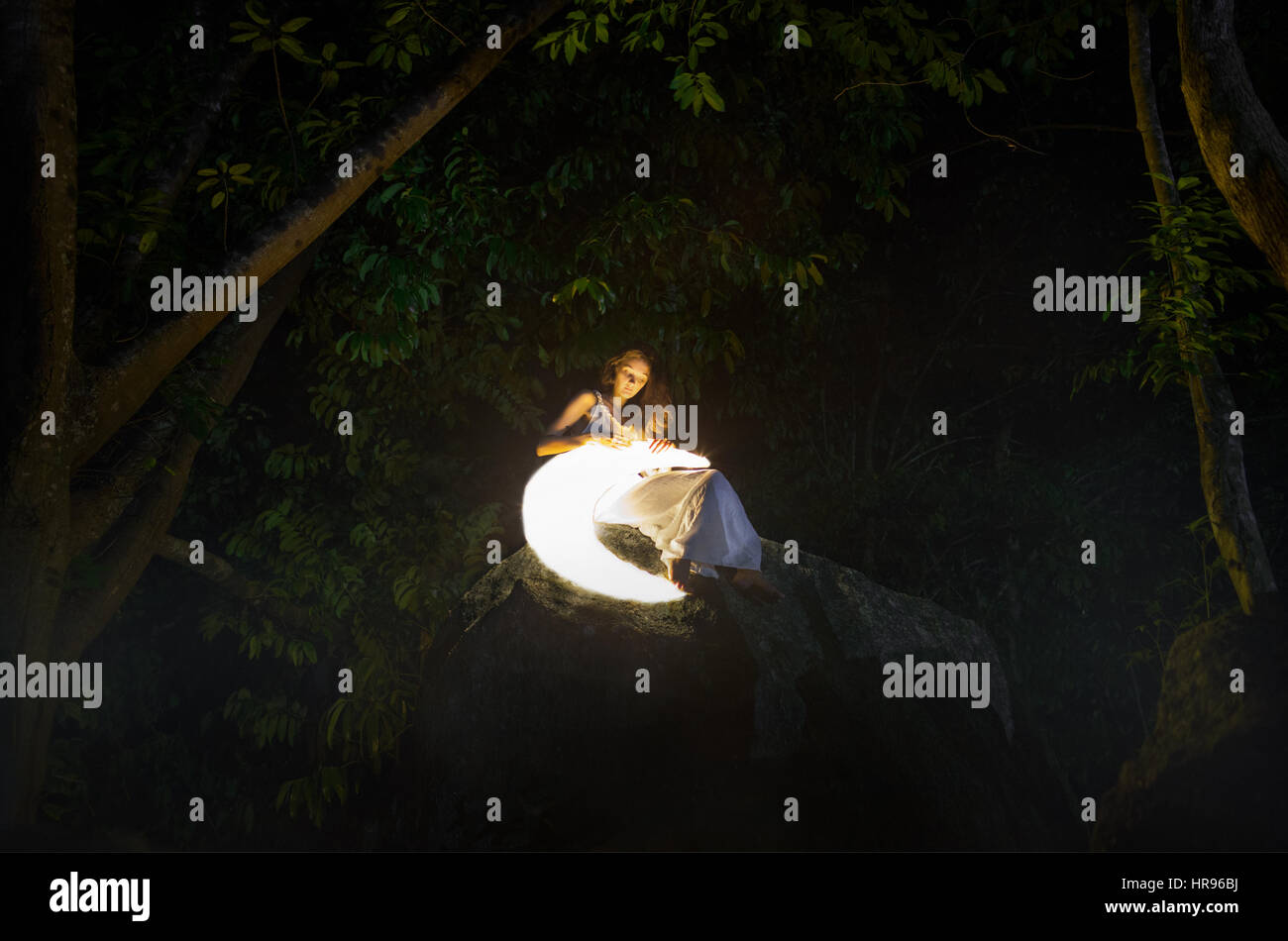 Fairy tale with woman and moon Stock Photo - Alamy