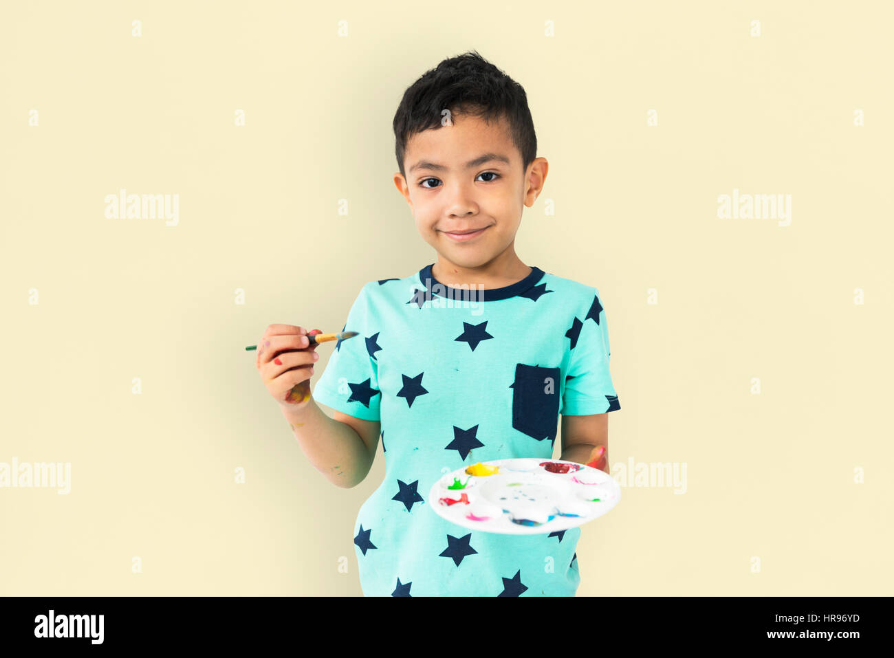 Little Boy Hands Hold Colors Plate Paint Stock Photo - Alamy