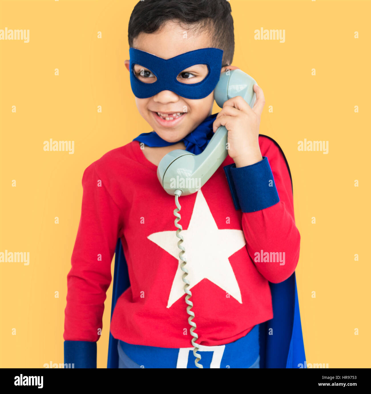 Superhero Boy with Telephone Concept Stock Photo - Alamy