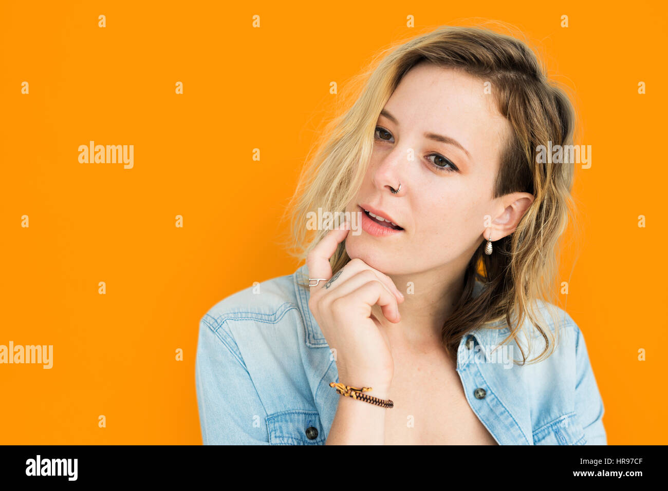 Caucasian Lady Smiling Thinking Positive Stock Photo - Alamy