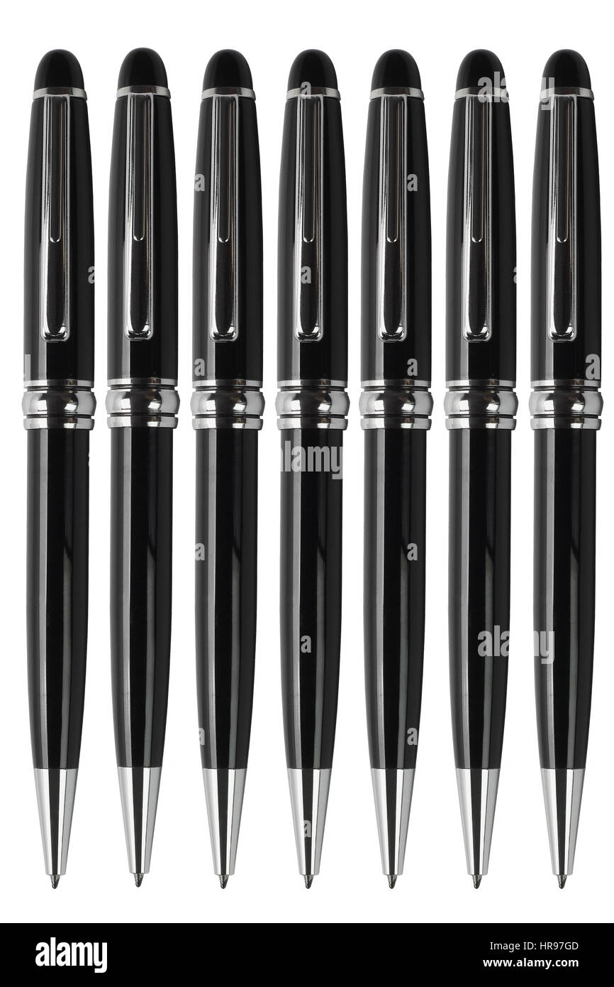 Row of Black Ball Point Pens on White Background Stock Photo - Alamy