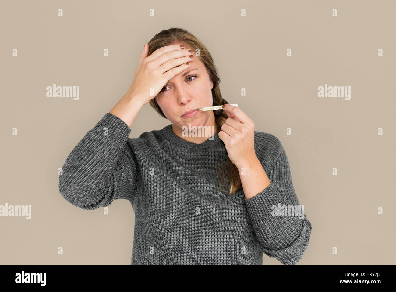 Caucasian Lady Sick Thermometer Concept Stock Photo - Alamy