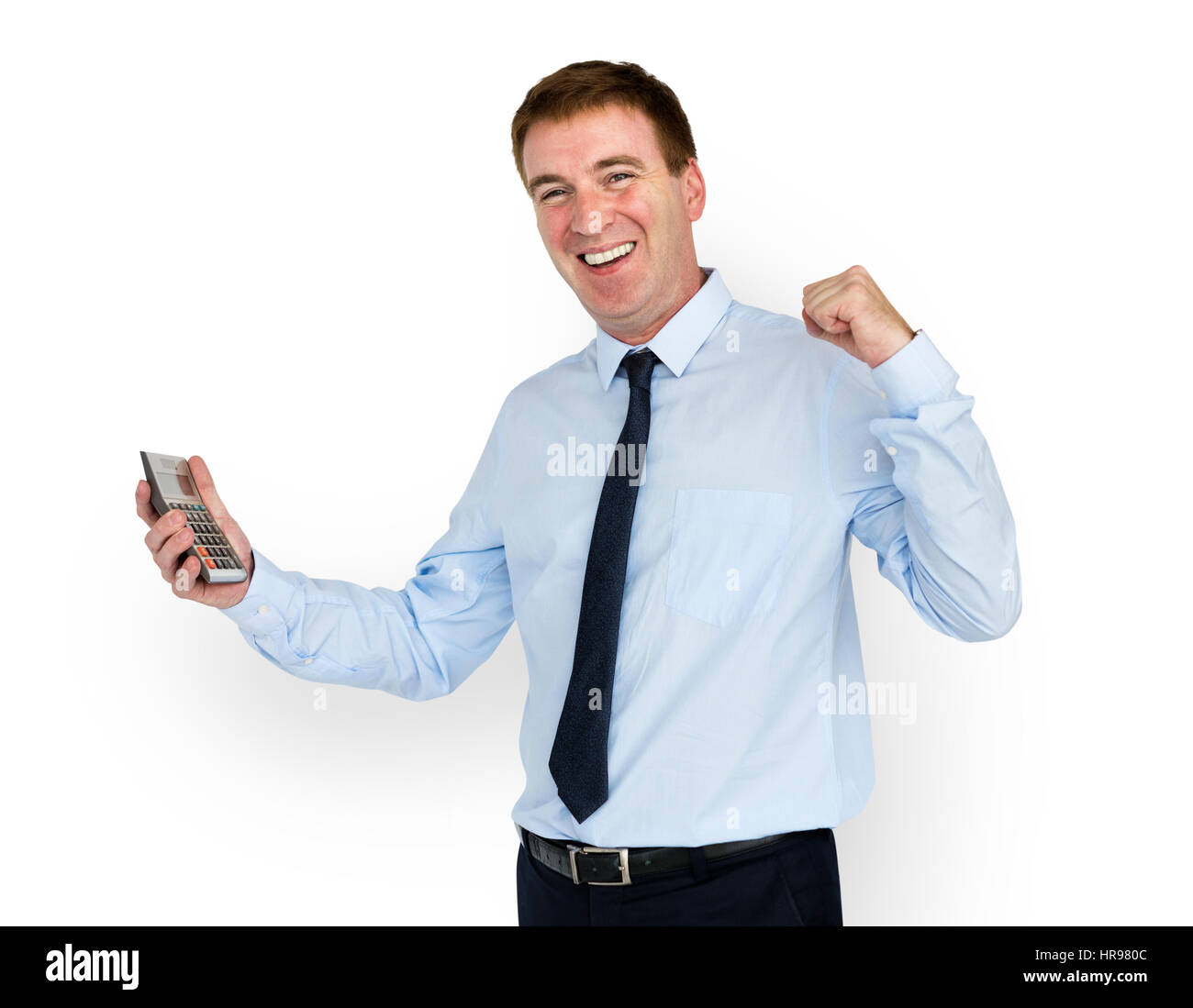 Caucasian Business Man Calculator Smiling Stock Photo - Alamy