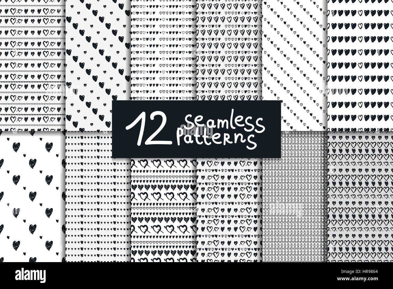 Doodle seamless pattern set with hearts. Twelve black and white vector ...