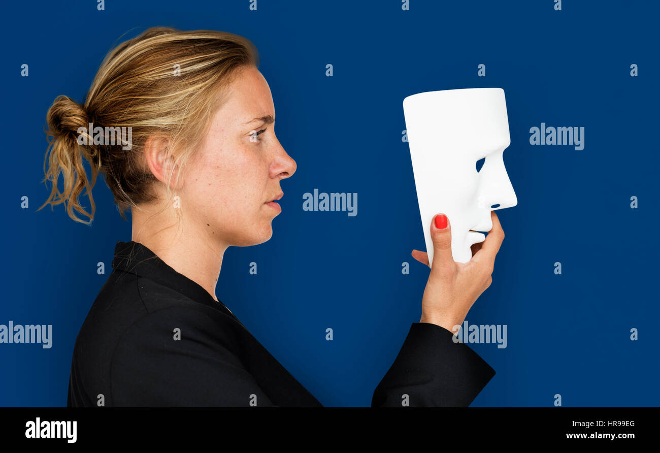 Caucasian woman Frowning Mask Concept Stock Photo - Alamy