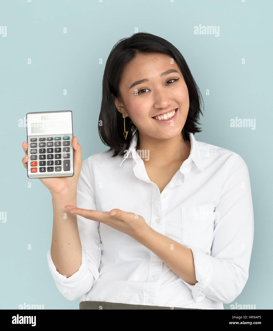 Asian Woman Showing Hand Gesture Calculator Stock Photo - Alamy