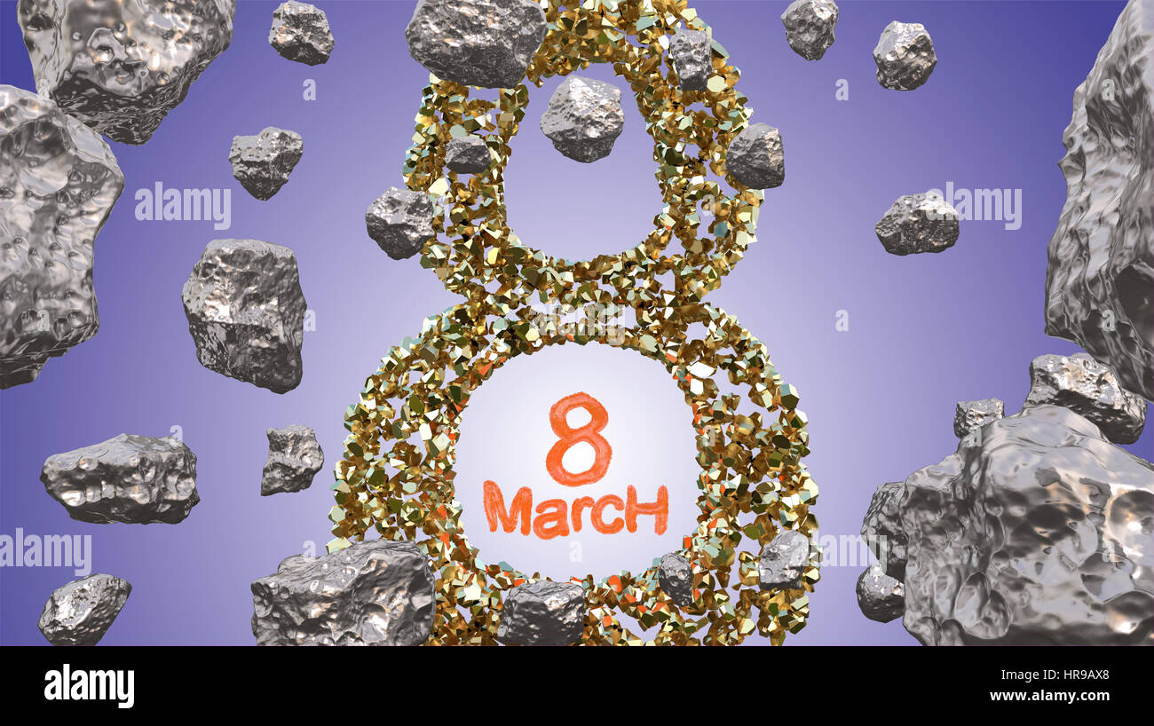 8 March symbol. Figure of eight made of golden stones flying in the ...