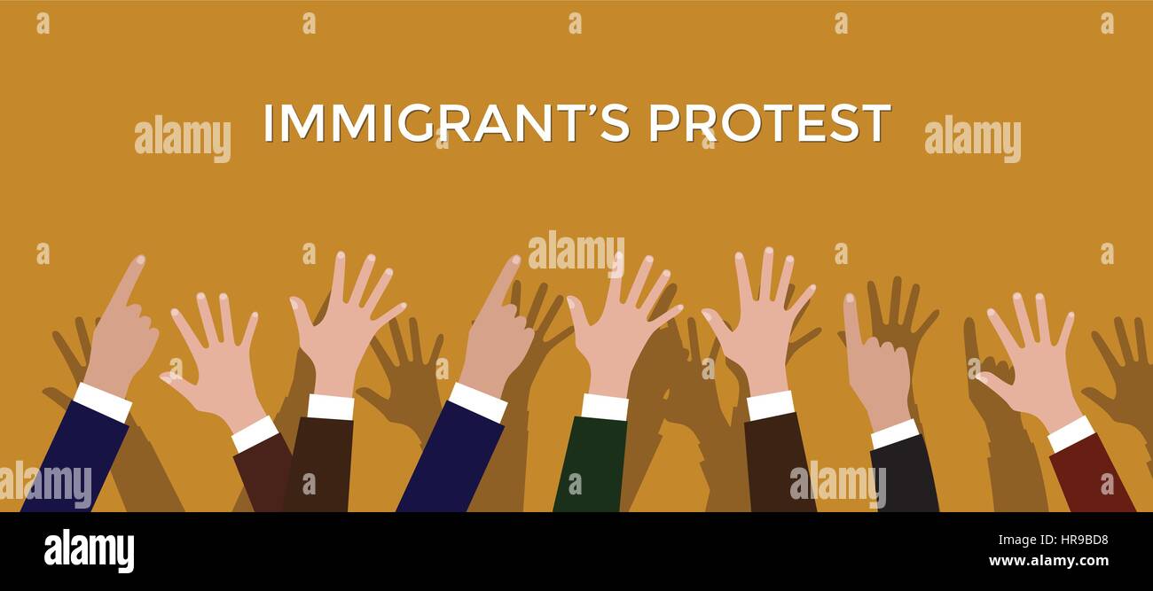 immigrant's protest concept illustration with hands up point to white ...