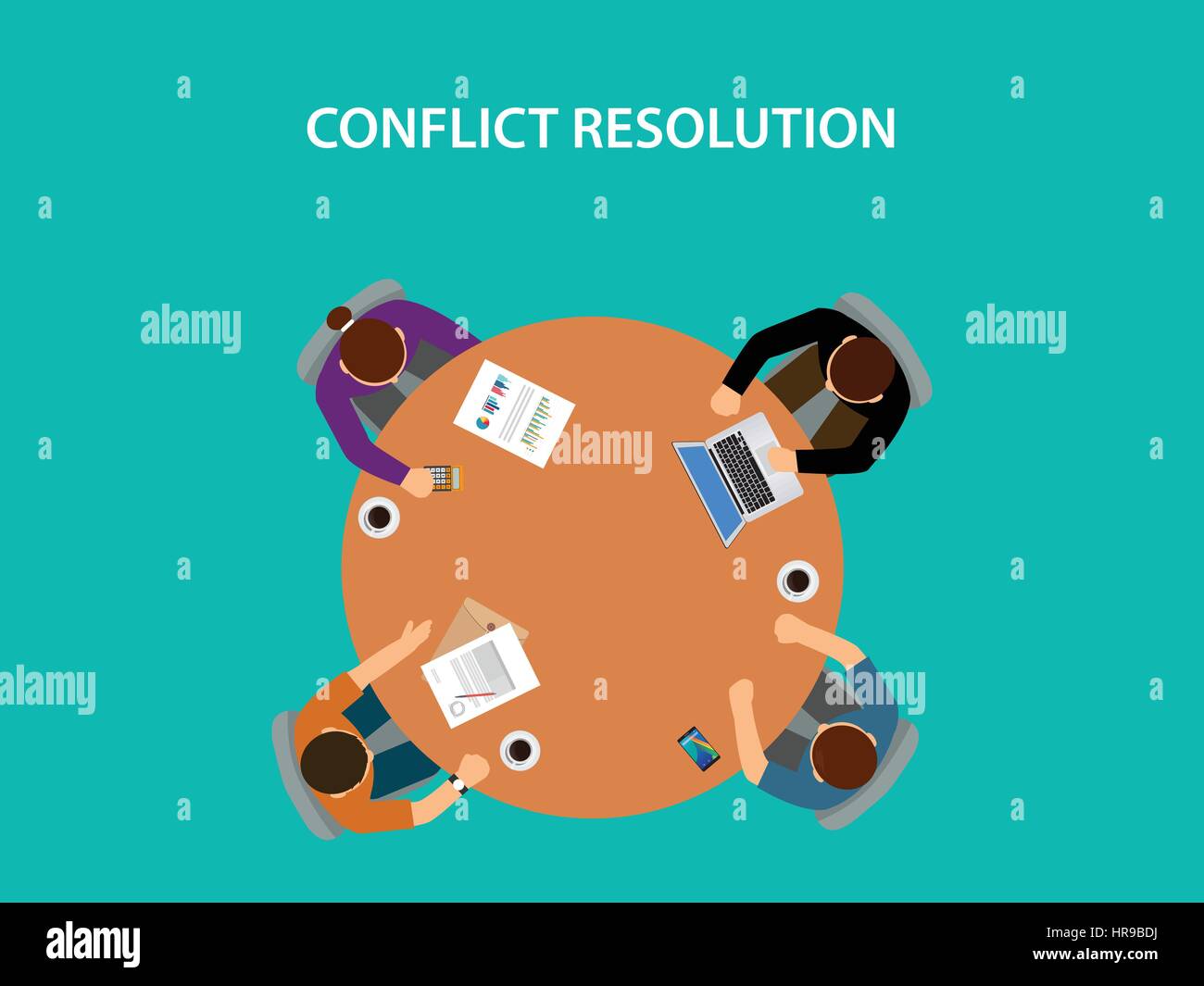 conflict resolution illustration with four people discuss on table with ...