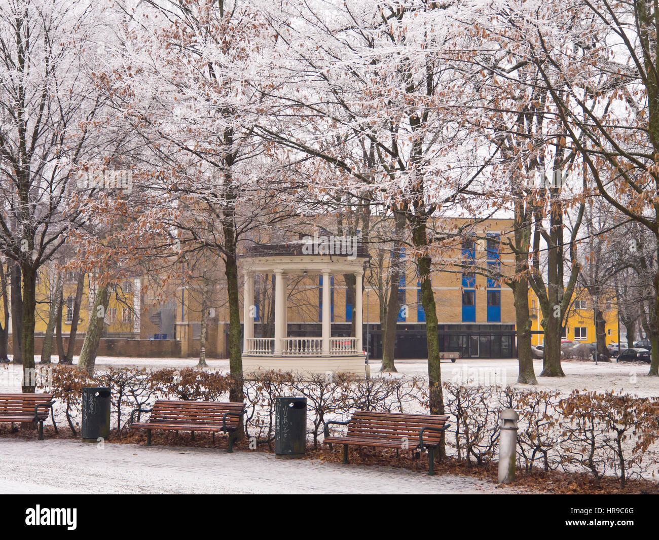 Drammen town park with its circular music pavilion on an idyllic snowy ...
