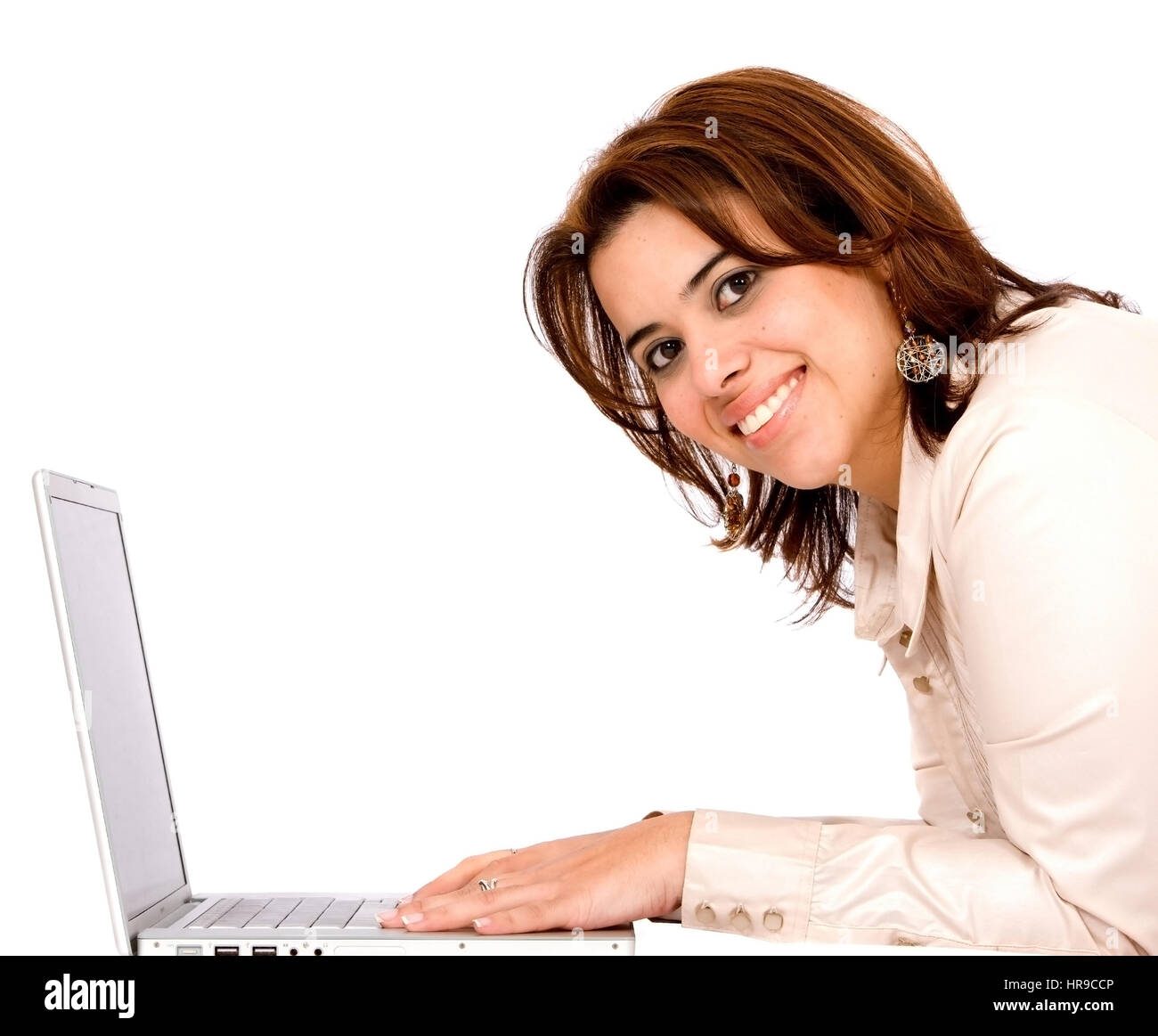 woman working on a laptop computer on the floor isolated Stock Photo ...