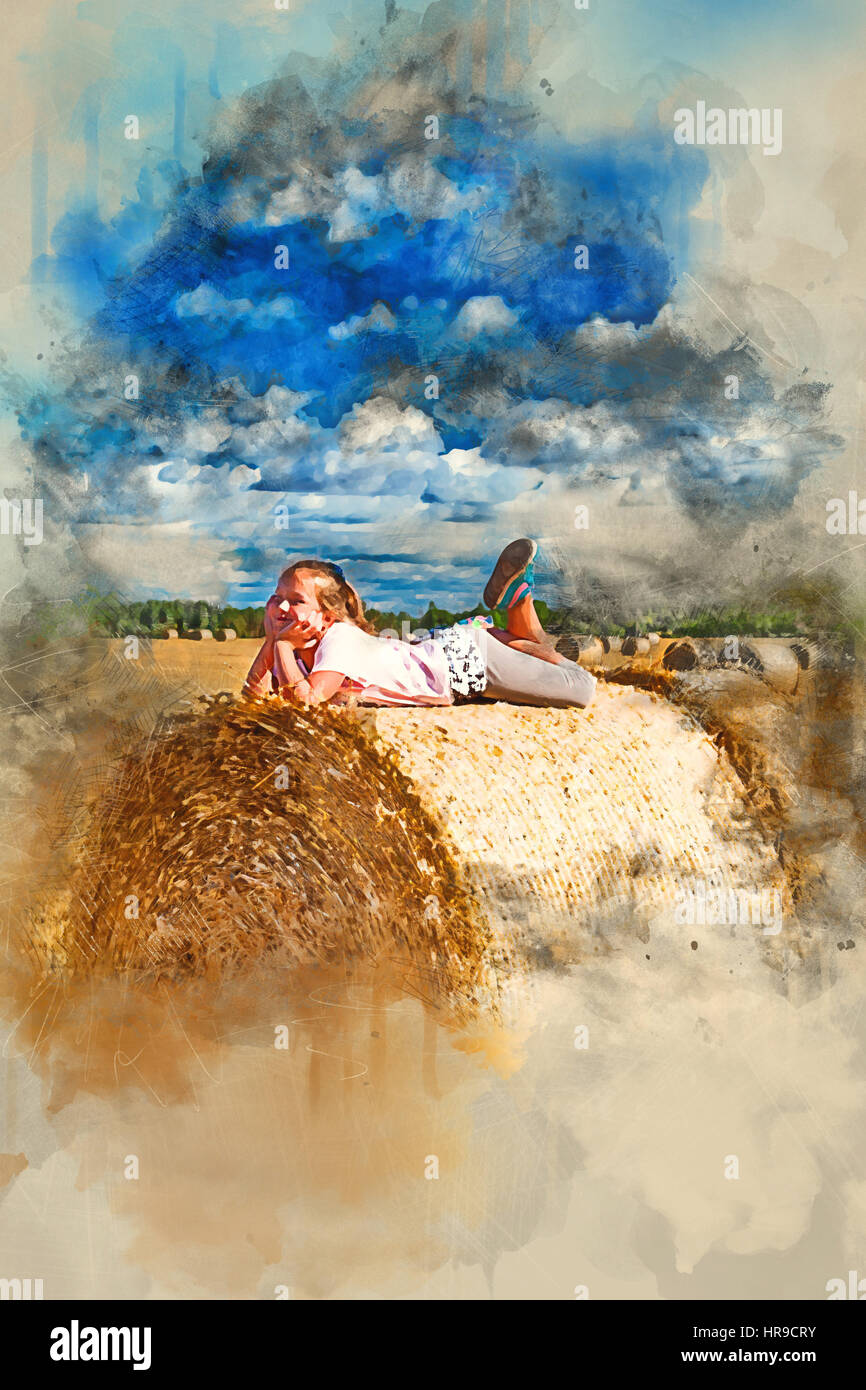 Cute young girl having fun on haystack. Stacks of straw - bales of hay ...