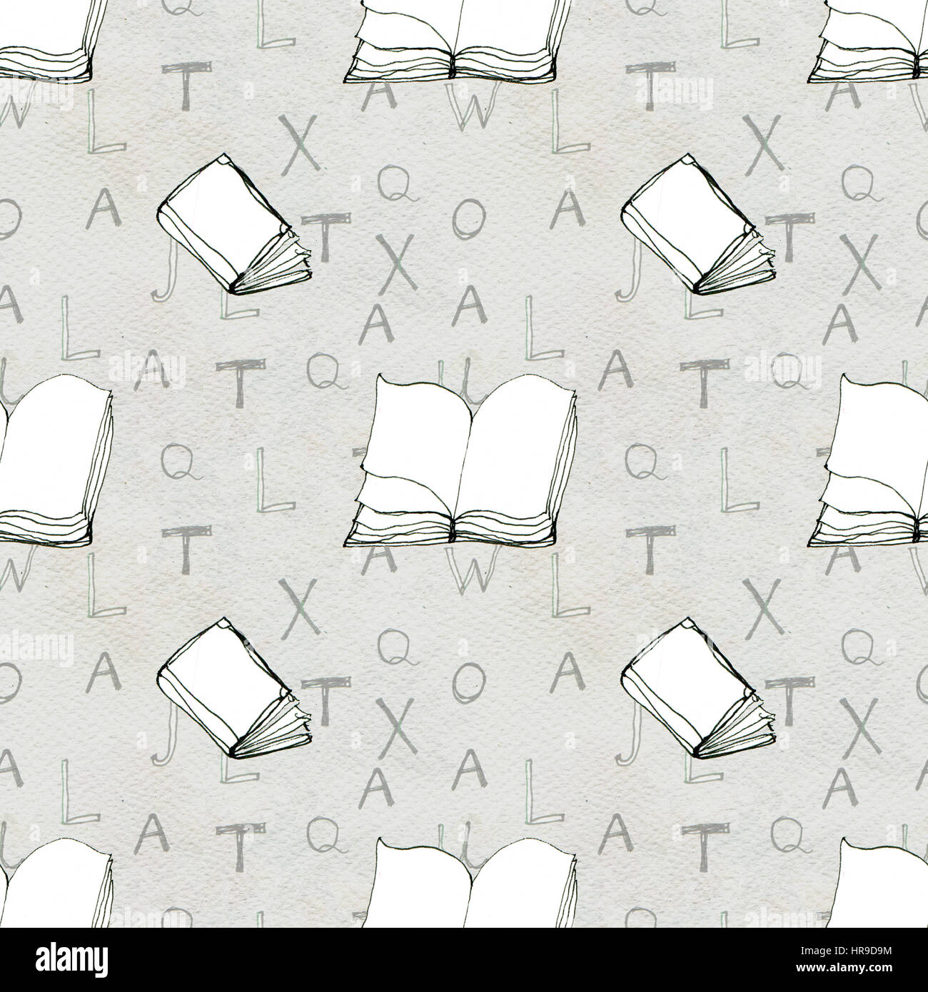 Seamless doodle pattern with books and letters. Library hand drawn ...