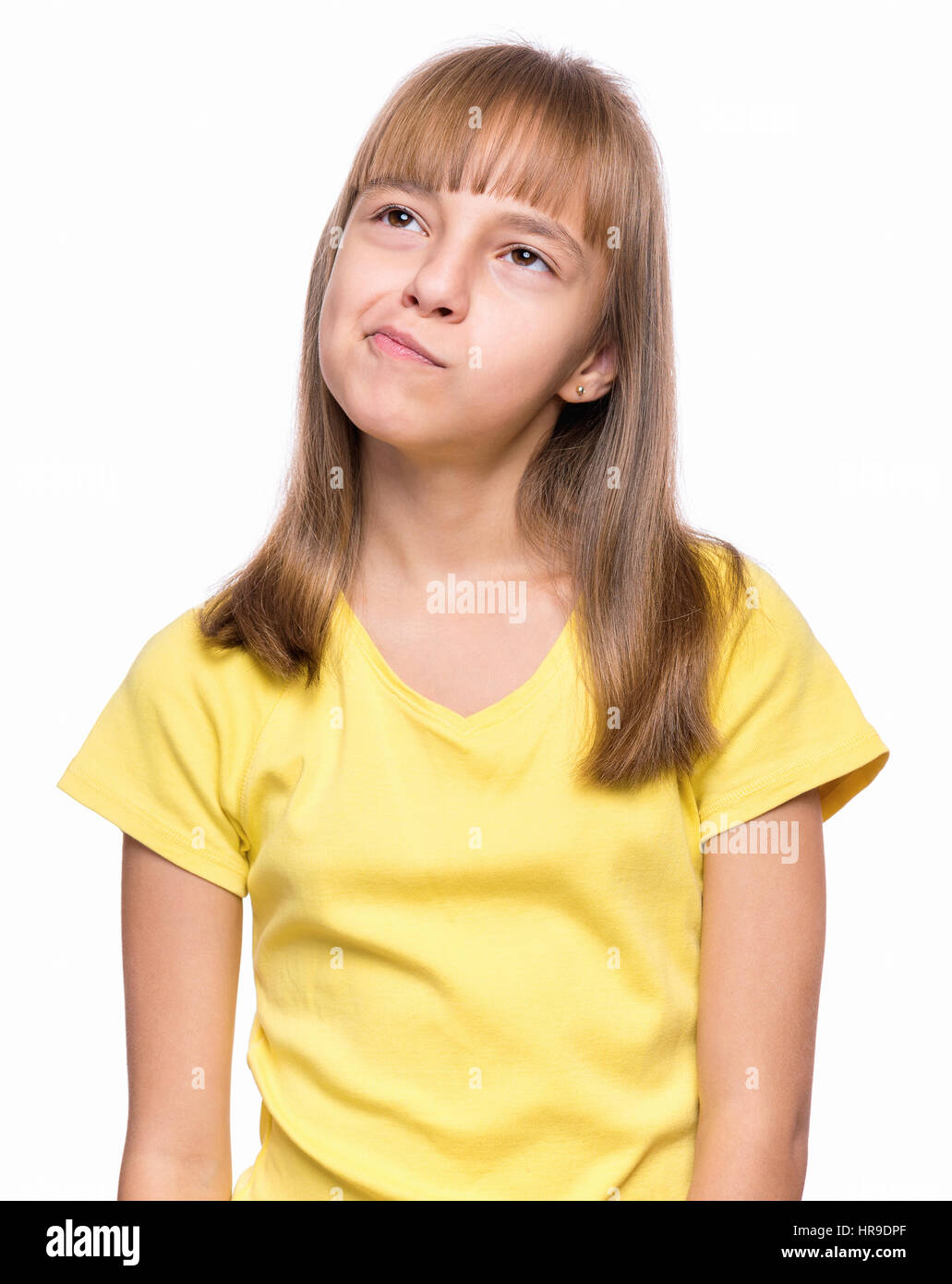 Casual thinking girl - caucasian female model. Half-length emotional ...