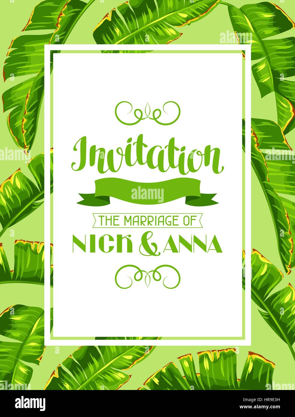 Invitation with banana palm leaves. Decorative tropical foliage Stock ...