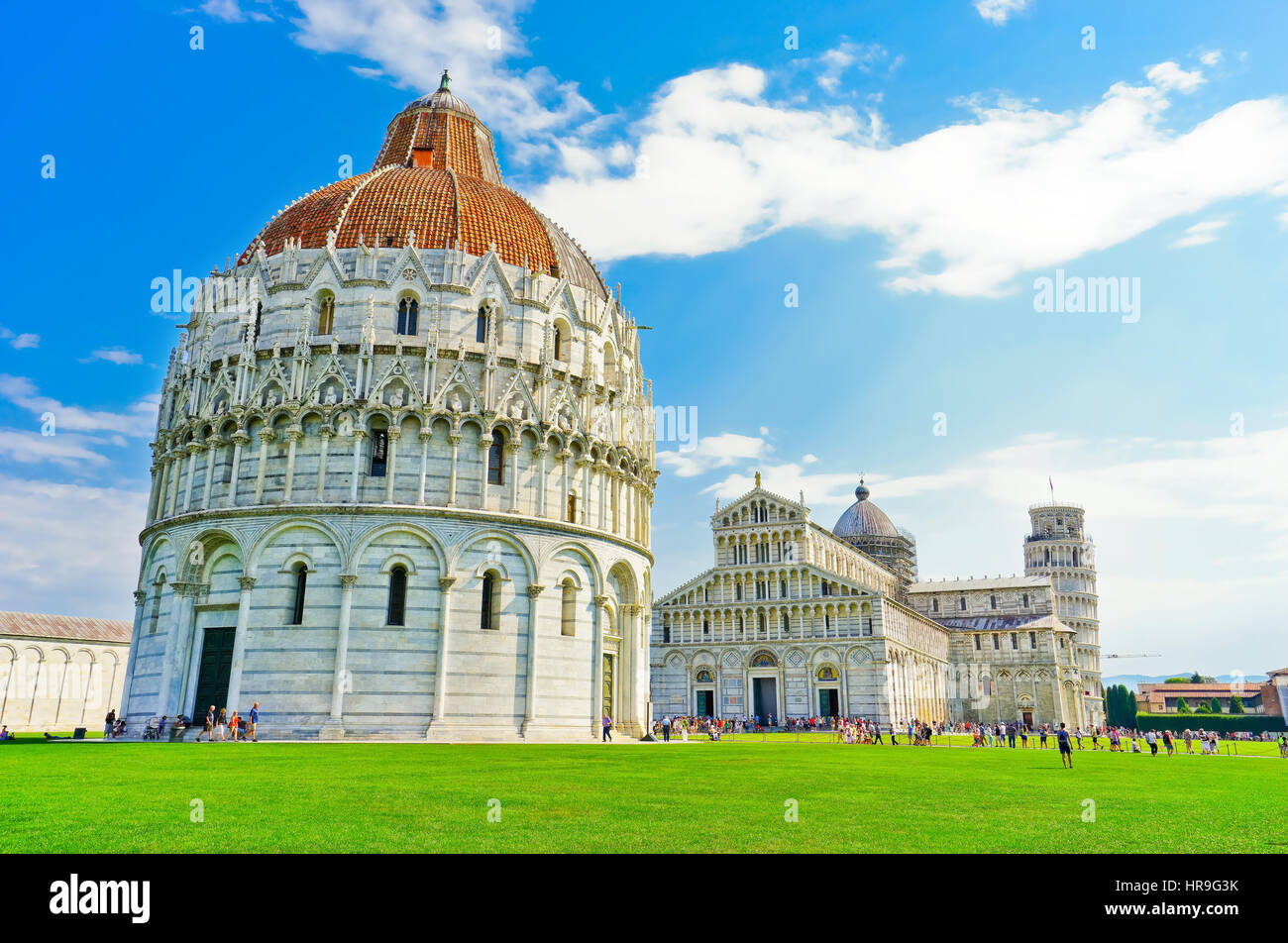 View of the Pisa Cathedral and the Leaning Tower in a sunny day in Pisa ...